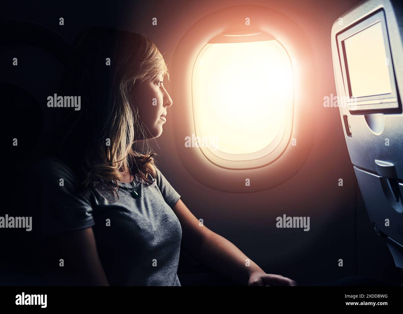 Window, flying and woman in plane, thinking and travel for journey ...