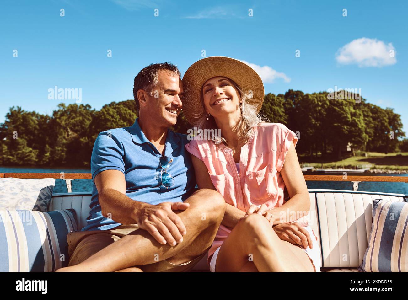 Man, woman and yacht cruise for retirement, bonding and holiday on ...