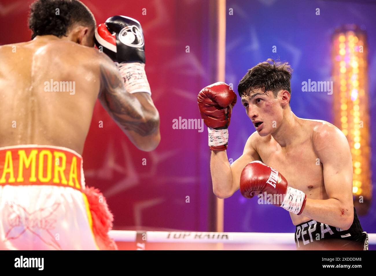 June 21, 2024: Junior Lightweight Jose Antonio Meza (R) watches his ...