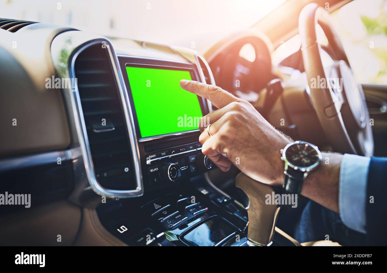 Green screen, map and hands of person in car for location, search or ...