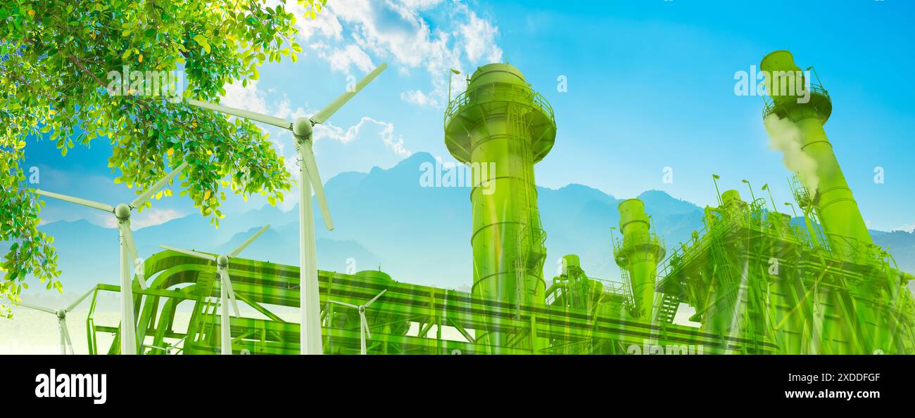 power plant building overlay green leaf plant tree and wind turbines ...