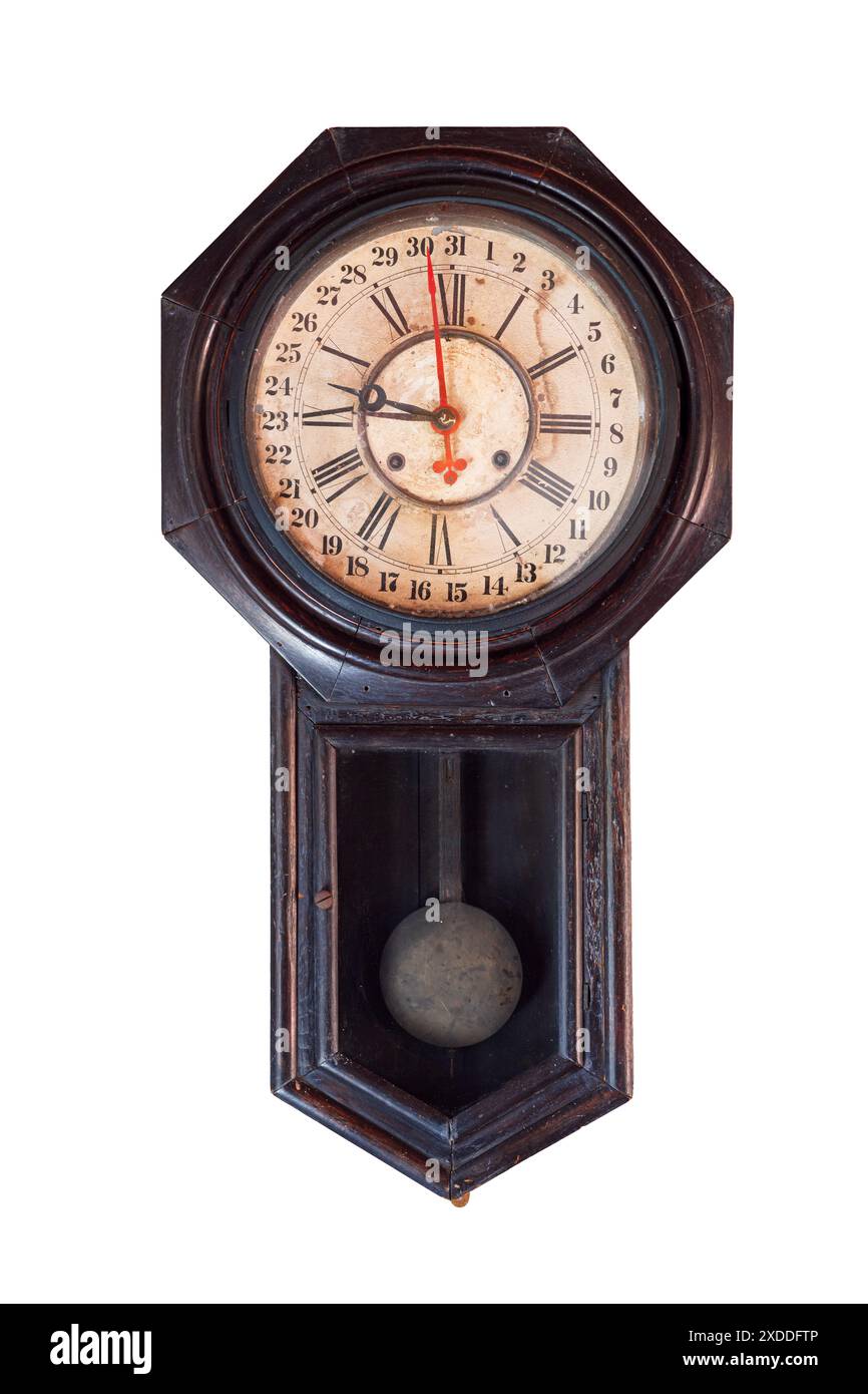 old clock, hanging antique wooden clock isolated on white background ...