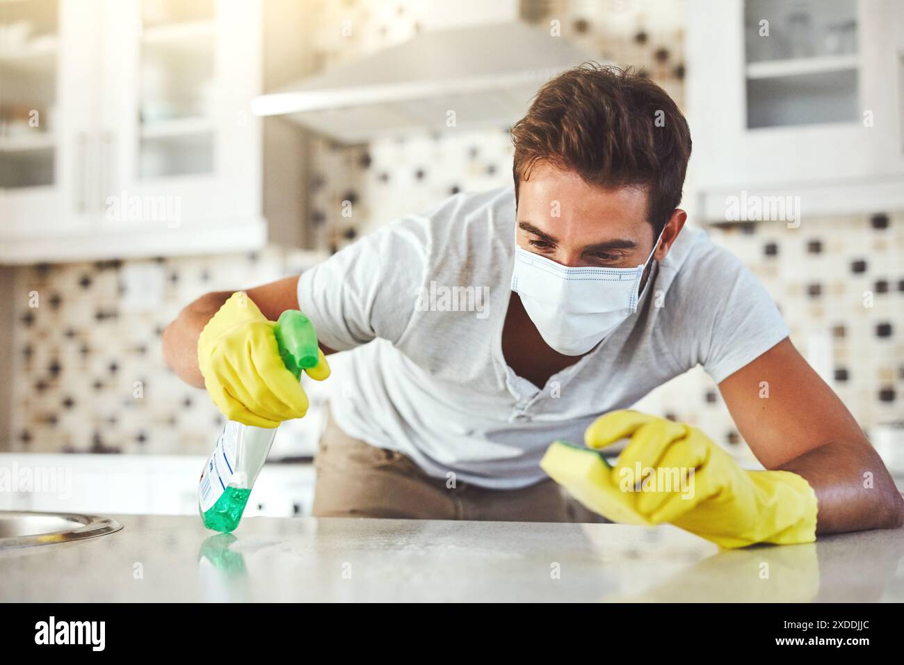 Man, cleaner and detergent for dirt in kitchen, disinfection and ...