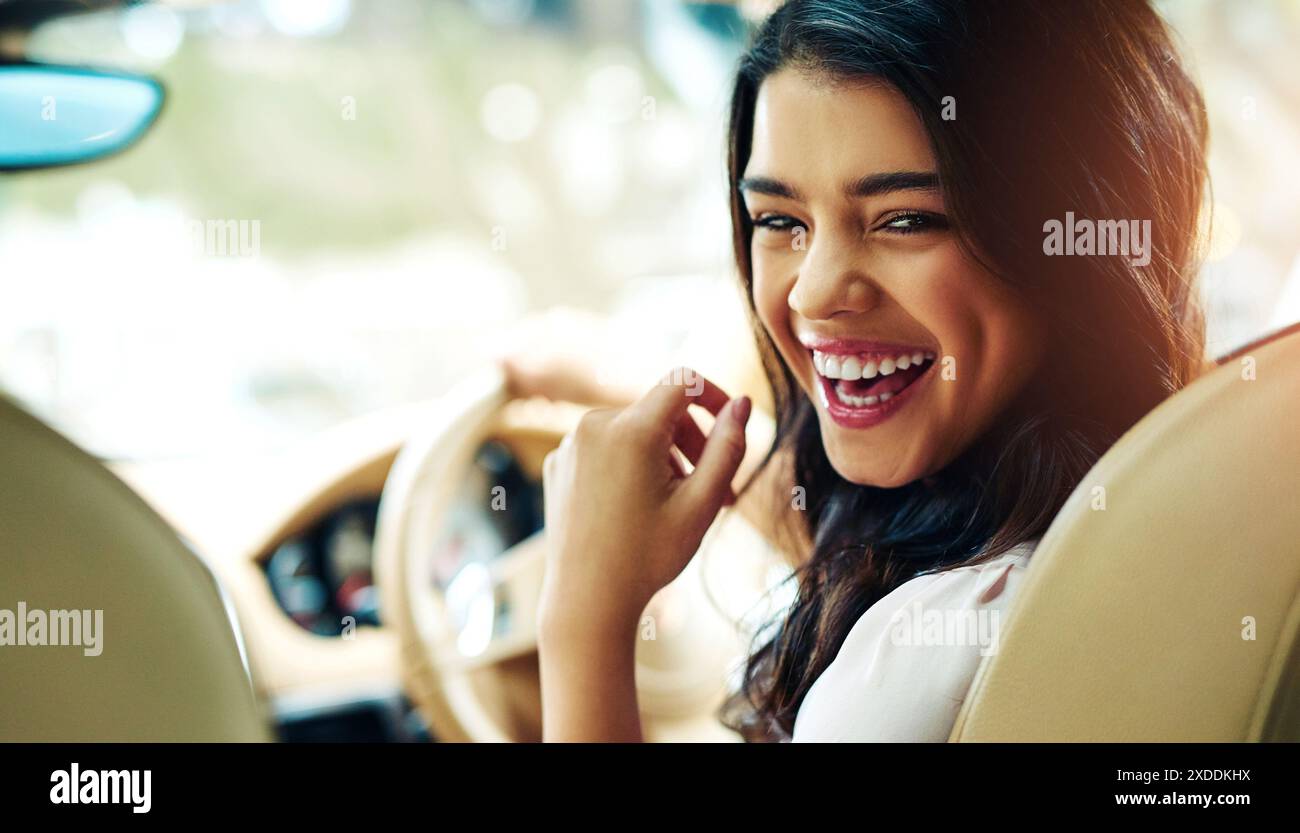 Happy woman driver, car and portrait for laughing with smile for ...