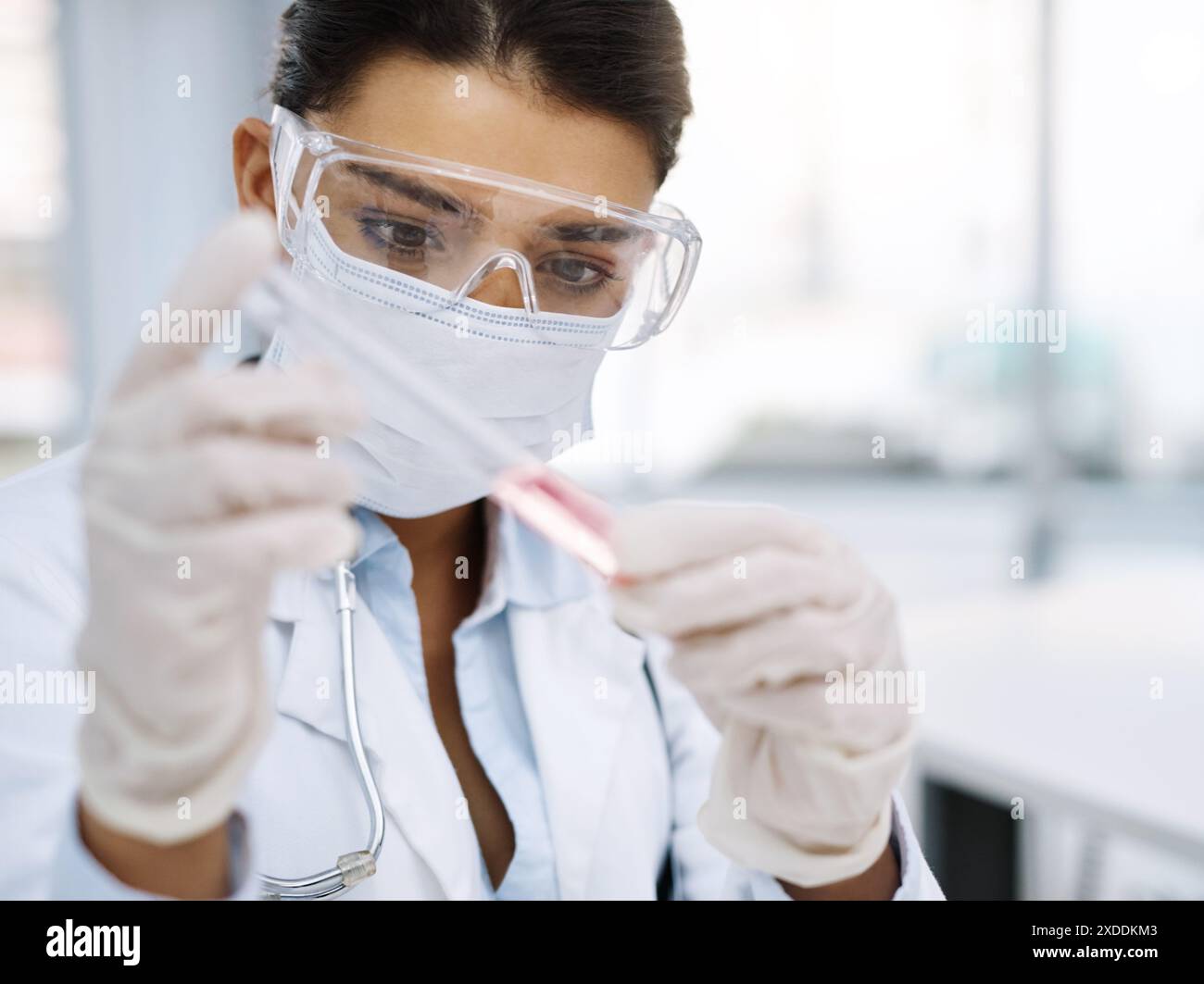 Blood, science and test tube with woman in laboratory for breakthrough ...