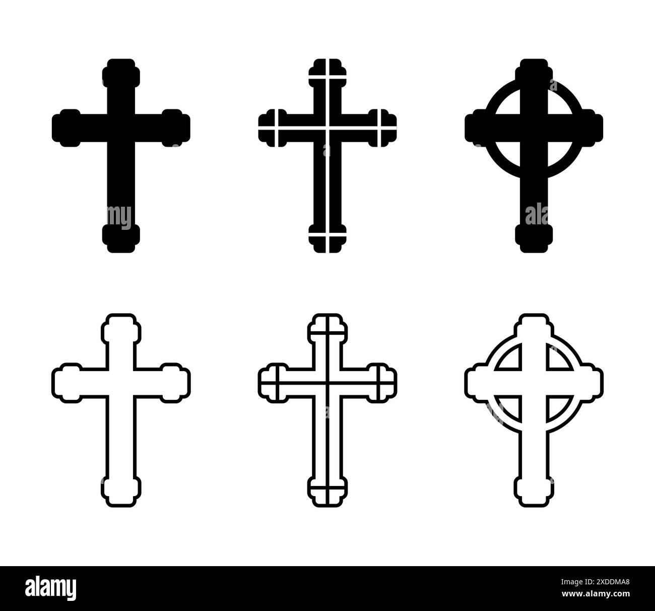 Catholic cross set, silhouette of religious Christian symbol, icon shape collection. Outline ...