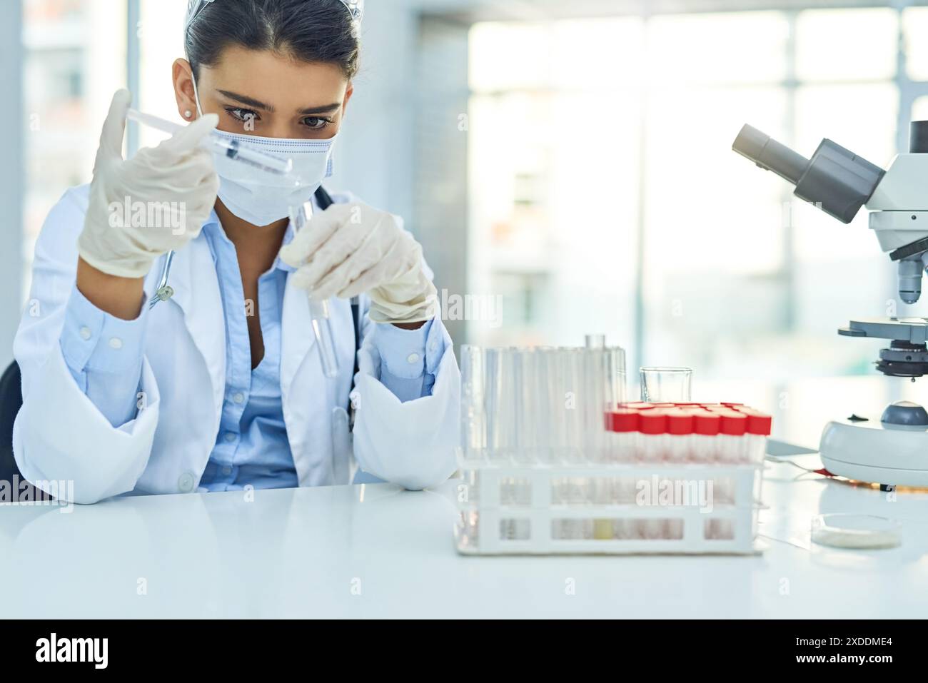 Vial, research and woman scientist in lab with syringe check for ...