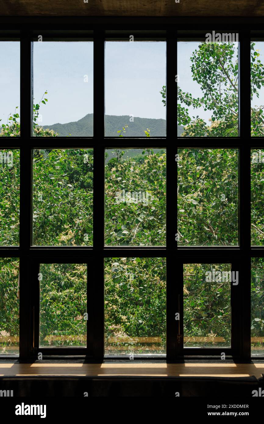 Scenic View through Large Window with Greenery and Mountains Stock ...