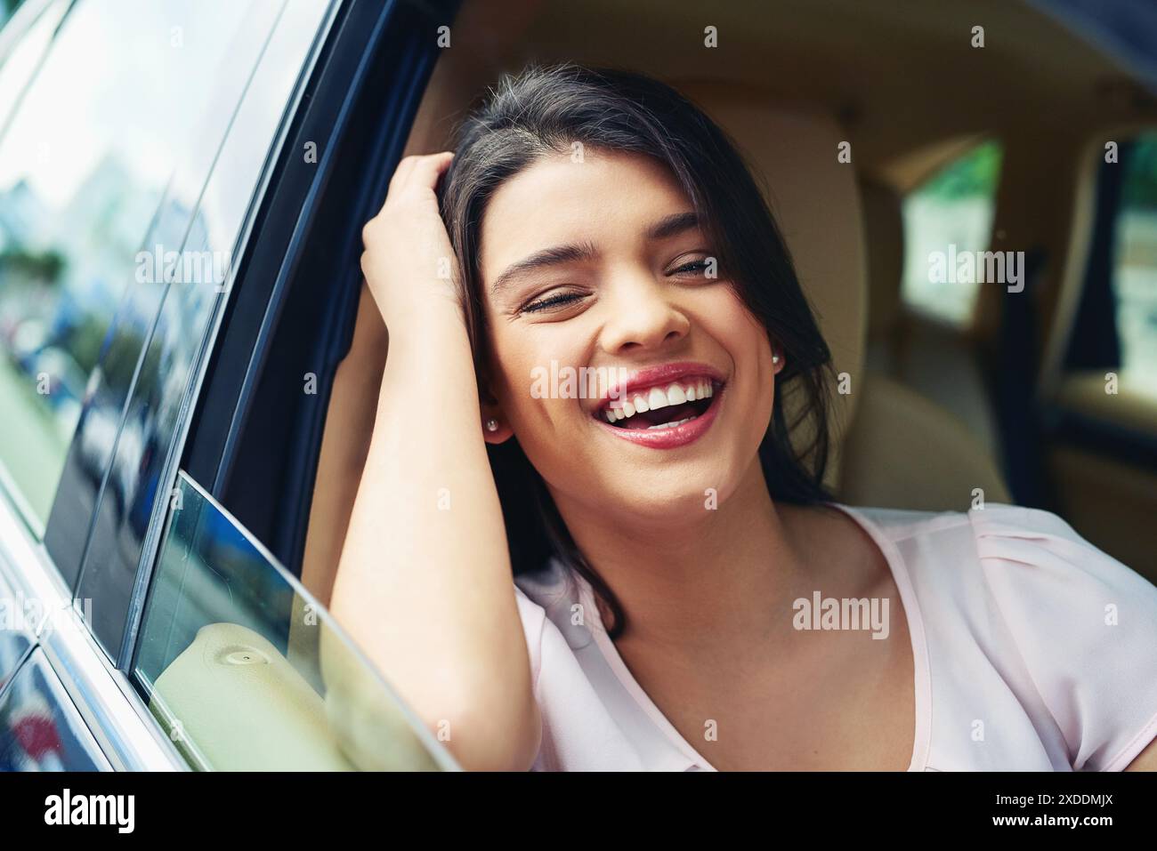 Girl driver, car and portrait for laughing with smile for adventure ...