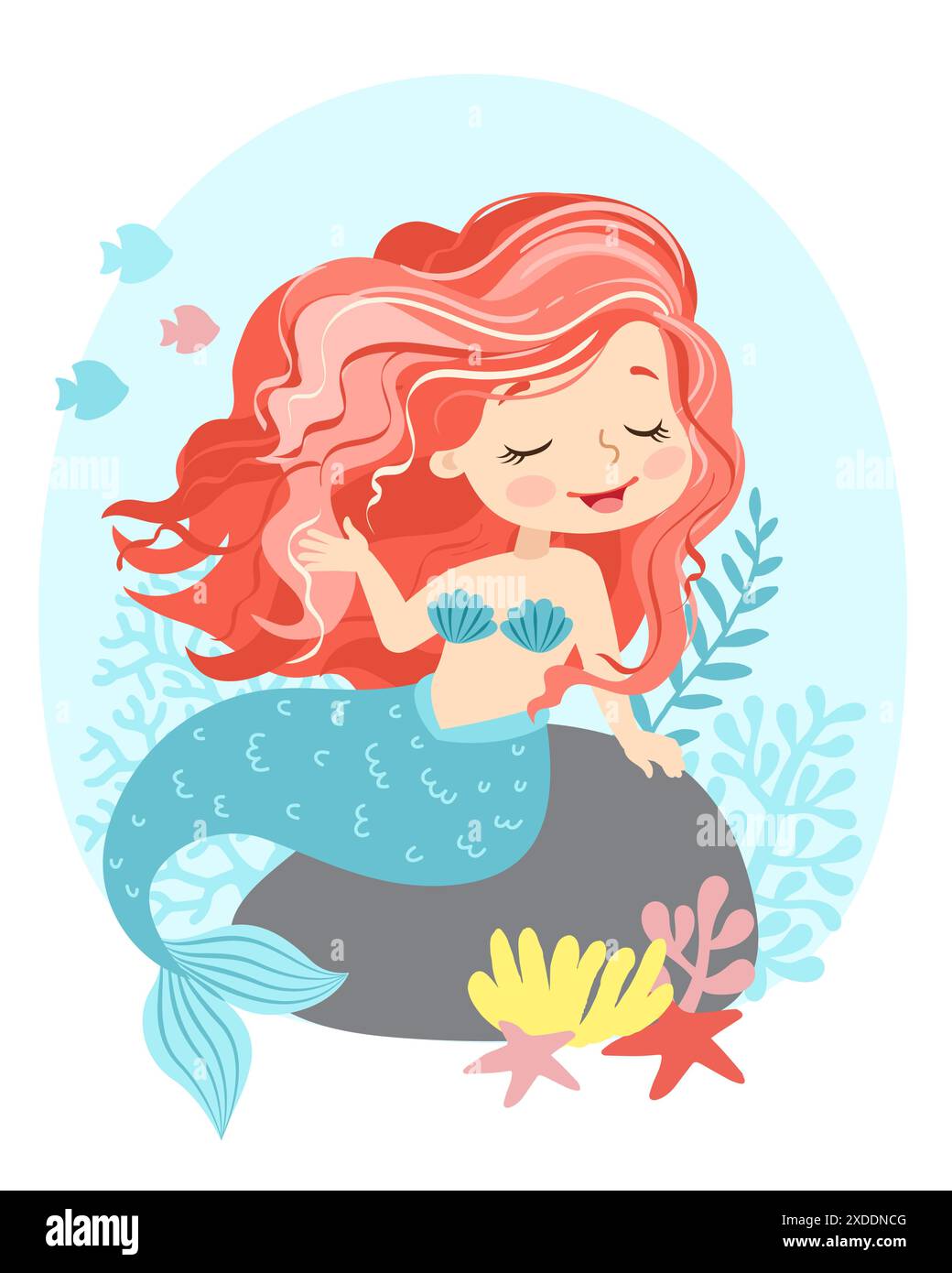 Hand drown vector illustration of Beautiful Girl Mermaid with pink hair ...