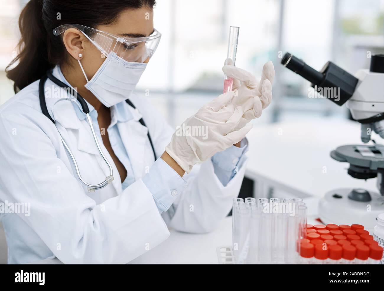 Vial, research and woman scientist in lab with sample for vaccine ...