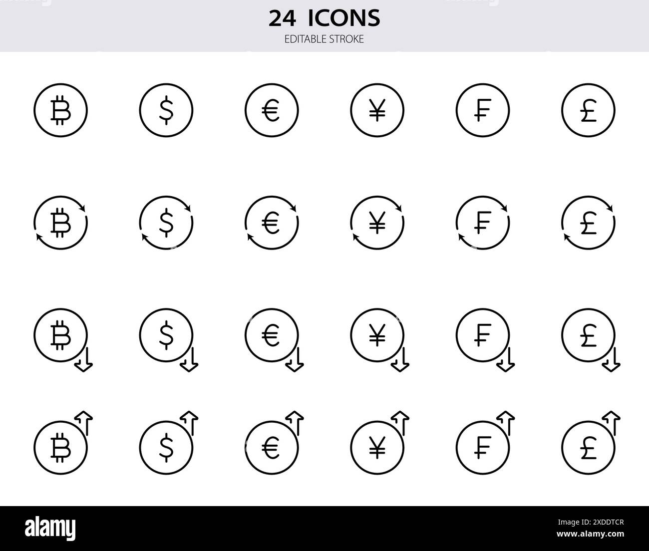 Dollar, euro, bitcoin, pound, franc, yen line icons. Set of currency ...