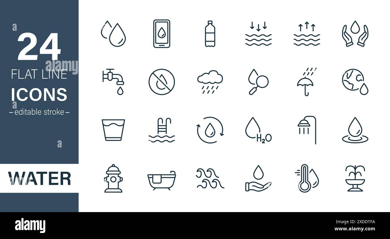 Water Line Icon Set. Drop Water Thin Linear Icon. Mineral Water, Low ...