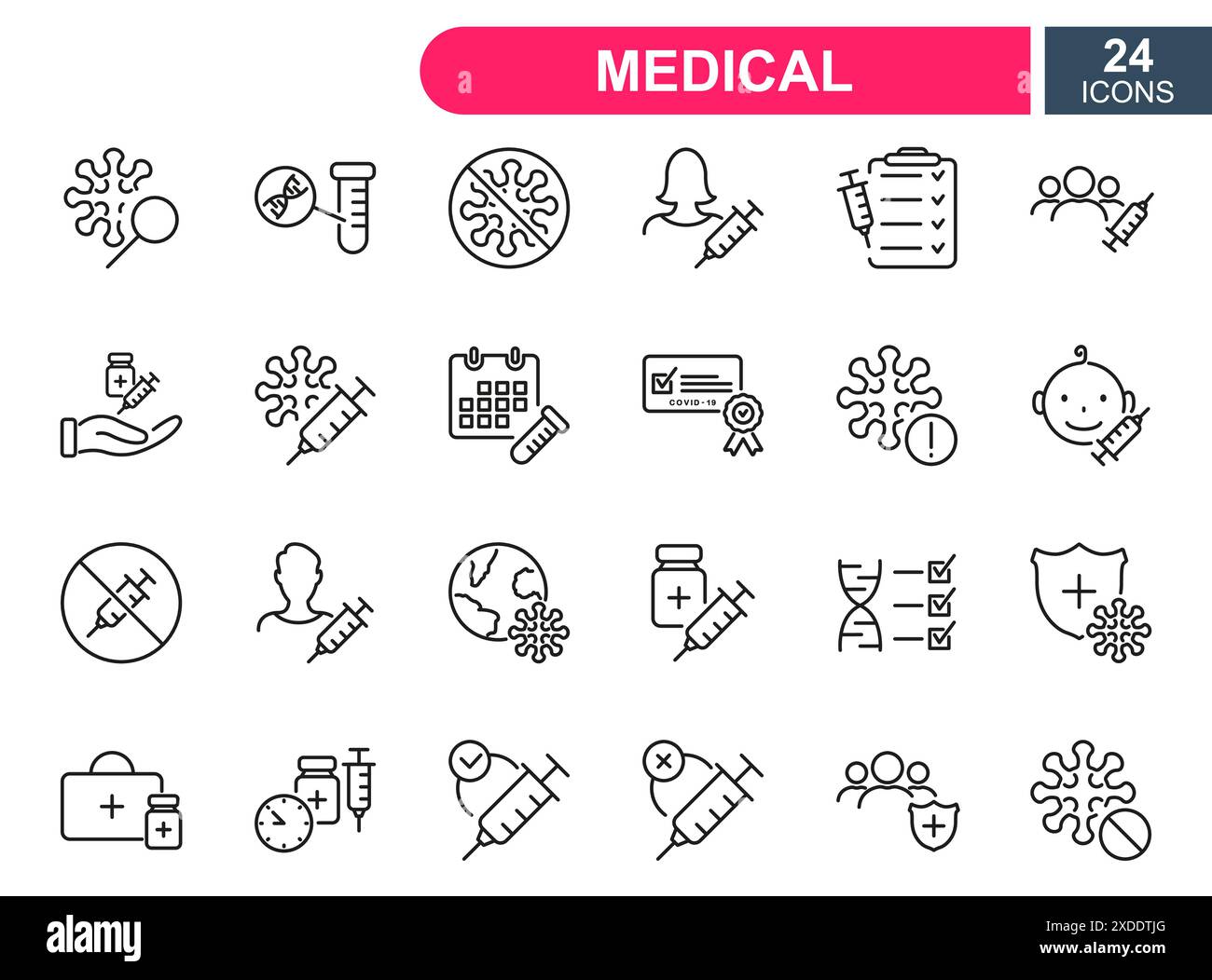 Set of vaccine line icons. Injection, prevention and treatment of covid ...