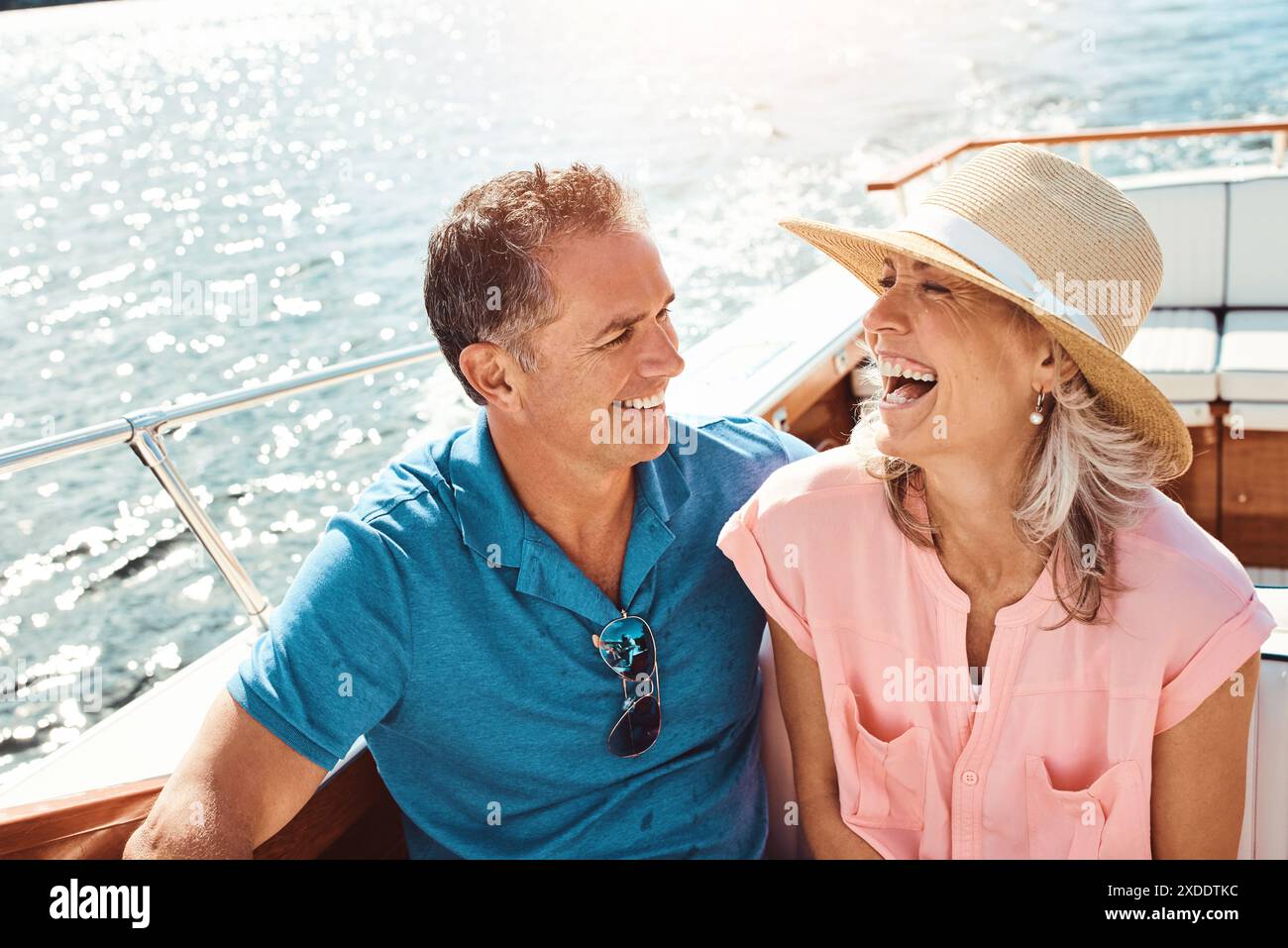 Happy, couple and yacht with laugh, love and celebration or marriage ...