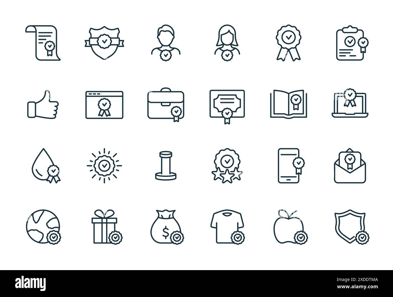 Quality Control and Check Mark Linear Icons Set. Food, Clothes, Water ...