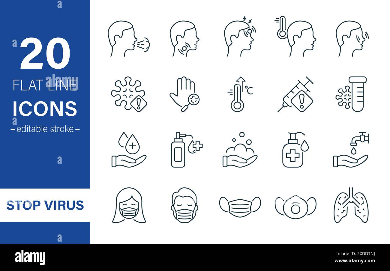 Coronavirus and Flu Linear Icon Set. Coronavirus Safety, Mask ...