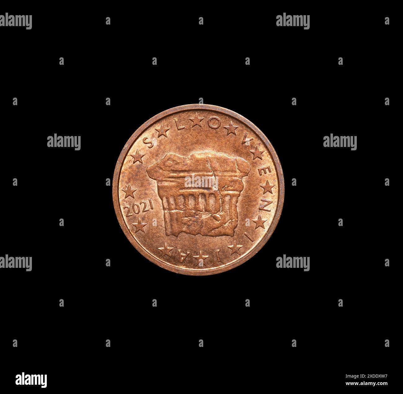 Obverse of 2 Euro cents coin made by Slovenija, that shows The Prince's ...