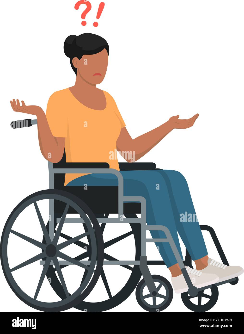 Disappointed young woman in a wheelchair, she is surprised and ...