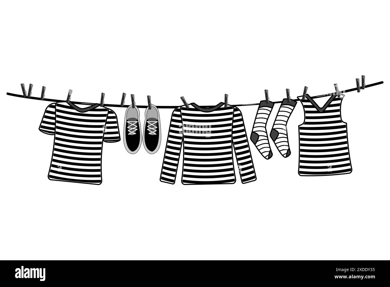Clothesline with hanging striped clothes. Laundry silhouette Laundry ...