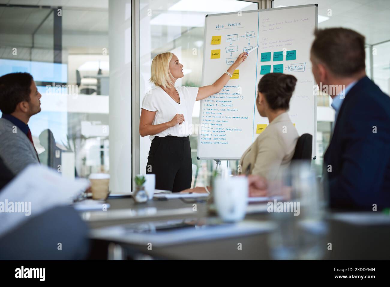 Whiteboard, presentation and woman with staff in office for workflow ...