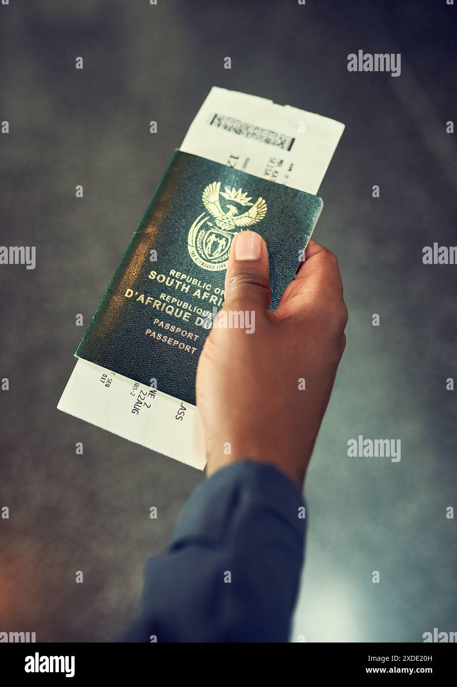 Passport, hand and waiting room of airport, flight and booking to ...