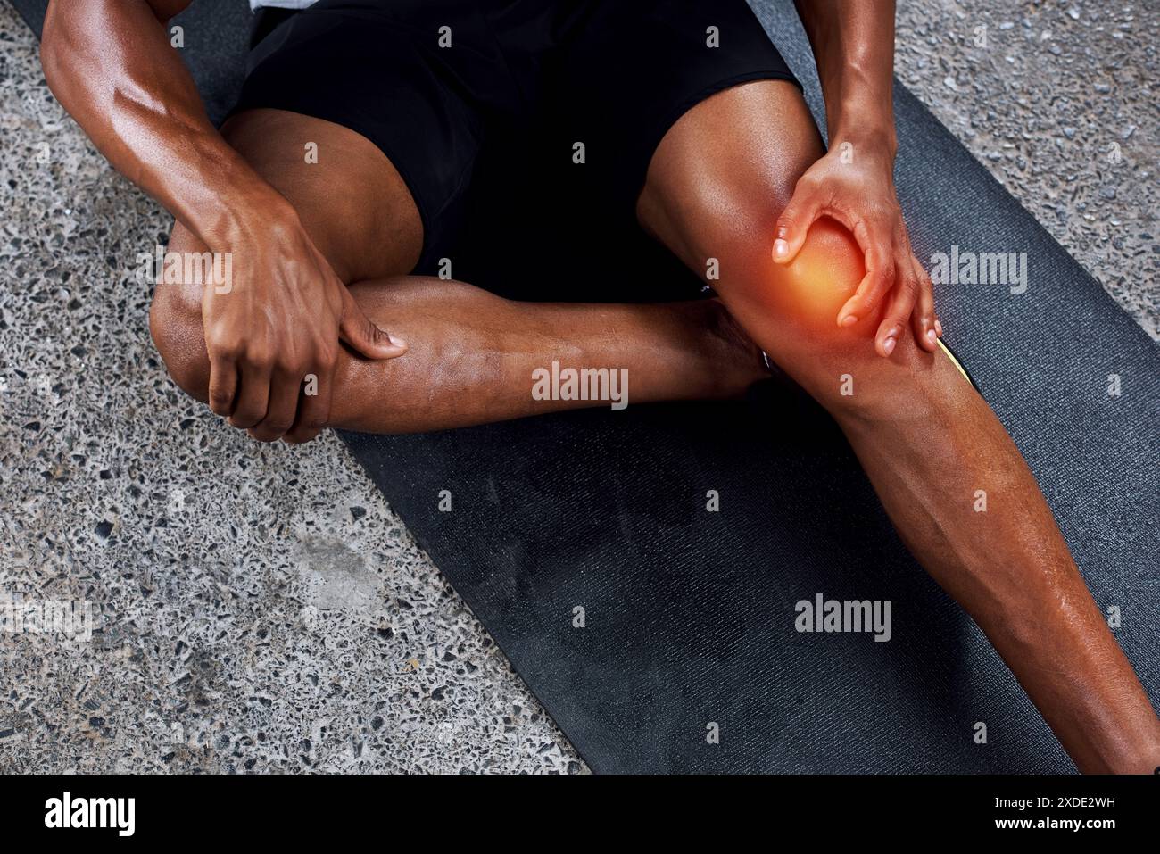 Fitness, knee pain and person in gym with injury, joint inflammation or ...