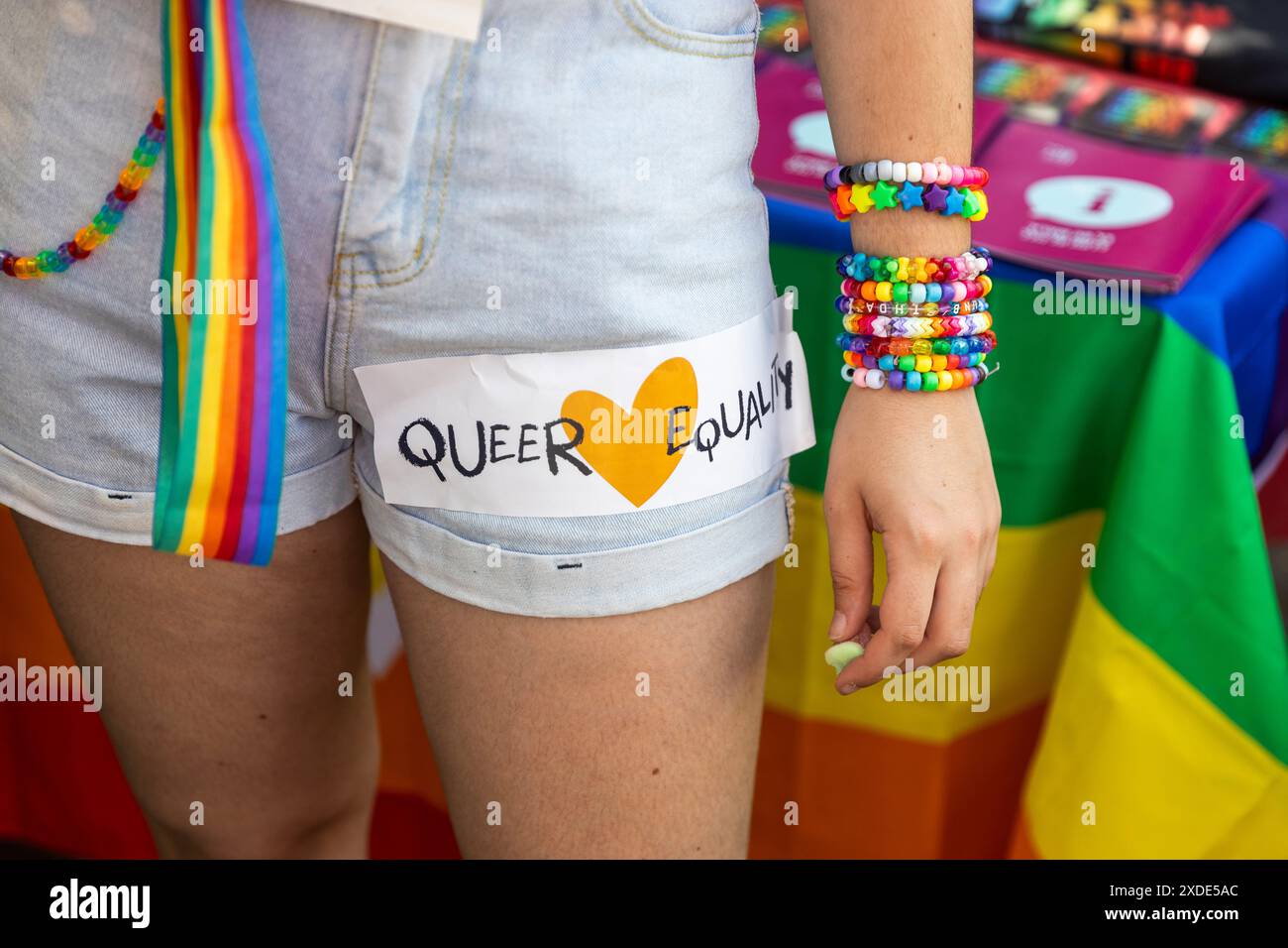 Haifa, Israel. Pride. Fragment. Denim shorts on a girl with a sticker ...
