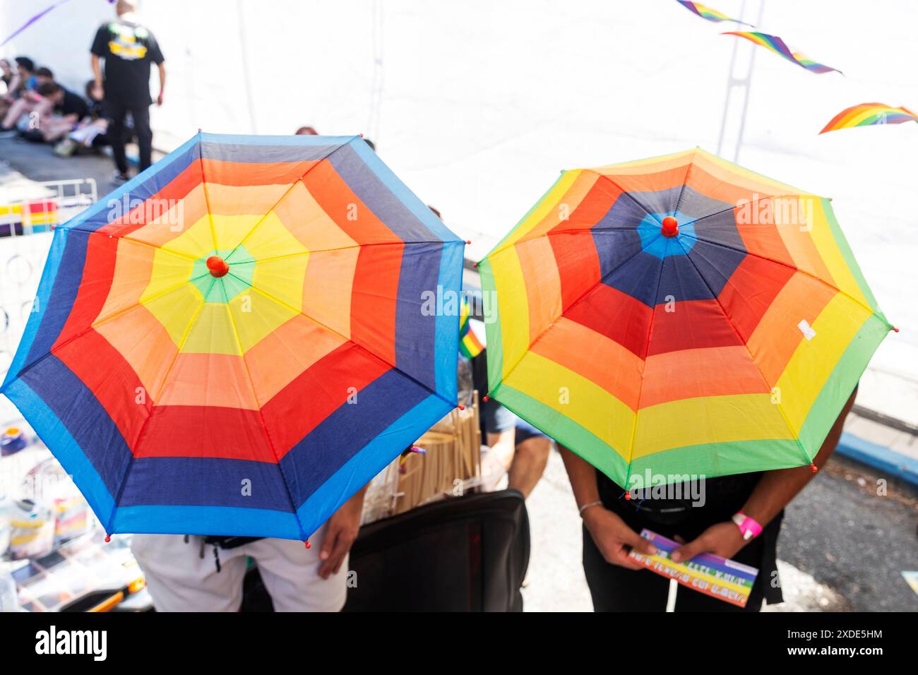 Haifa, Israel June 21, 2024, Pride Parade. Two rainbow merchandise ...
