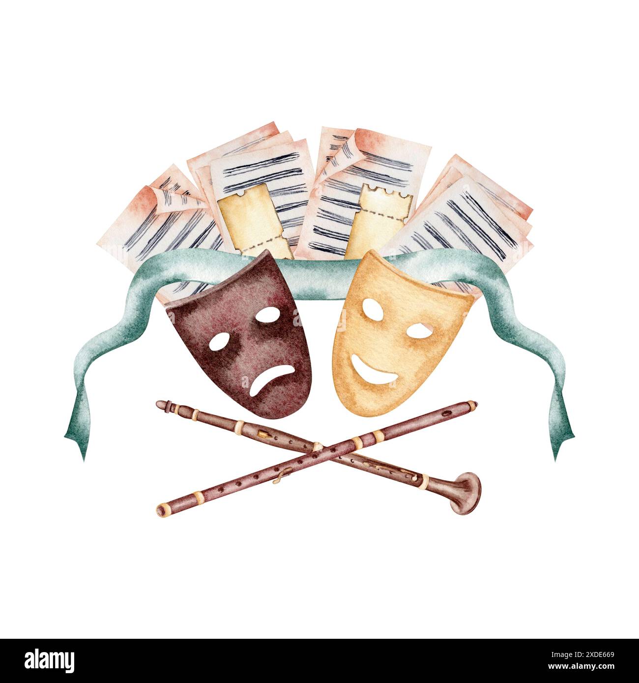 Vintage sheet music pages, theatre tickets and masks logo with flute ...