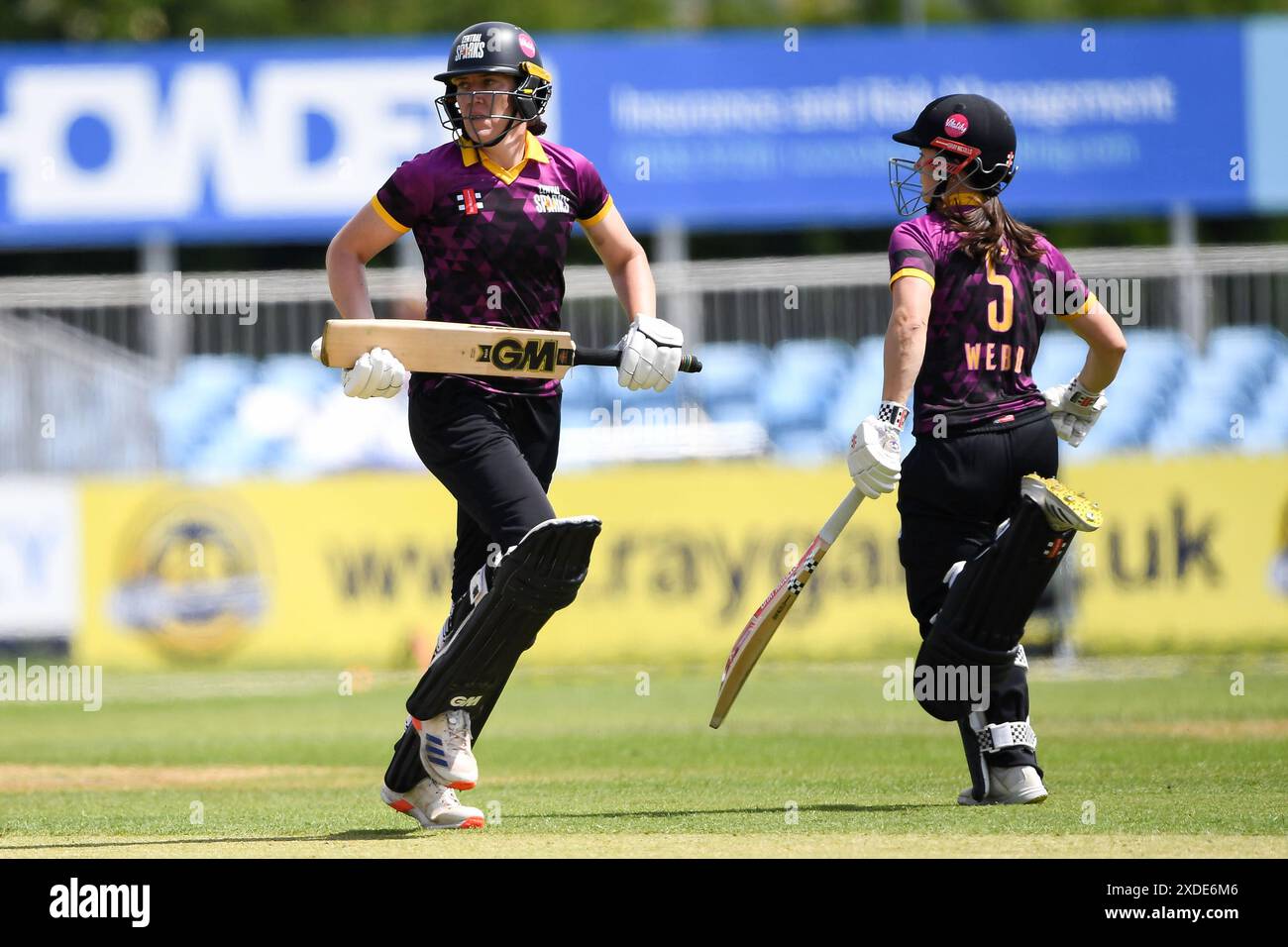 Derby, UK. 22 June 2024. Emily Arlott (left) and Courtney Webb of ...
