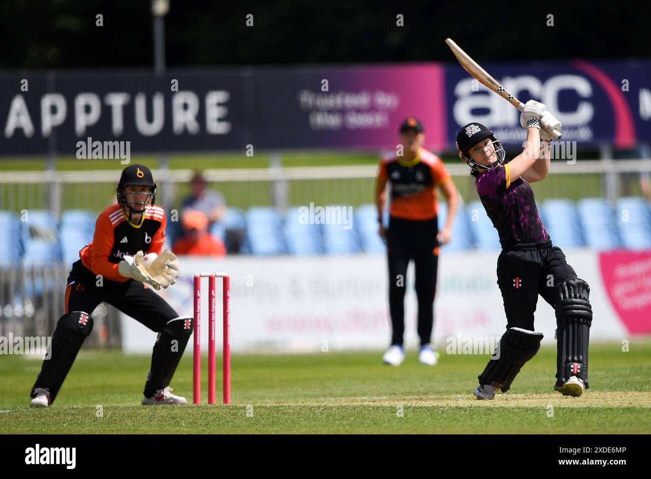 Derby, UK. 22 June 2024. Courtney Webb of Central Sparks batting during ...