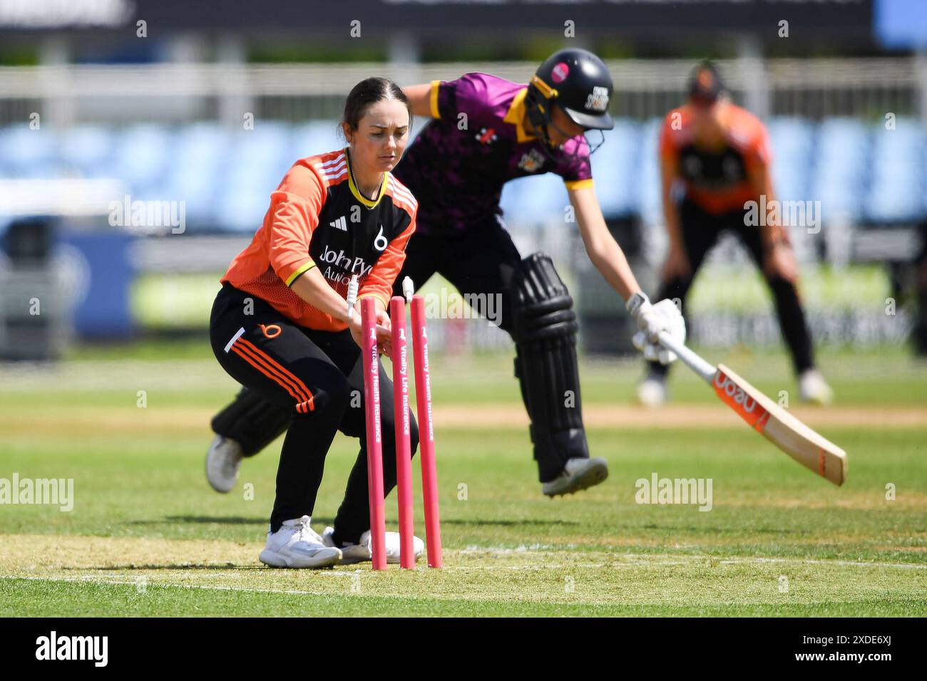 Derby, UK. 22 June 2024. Heather Graham of The Blaze completes the run ...
