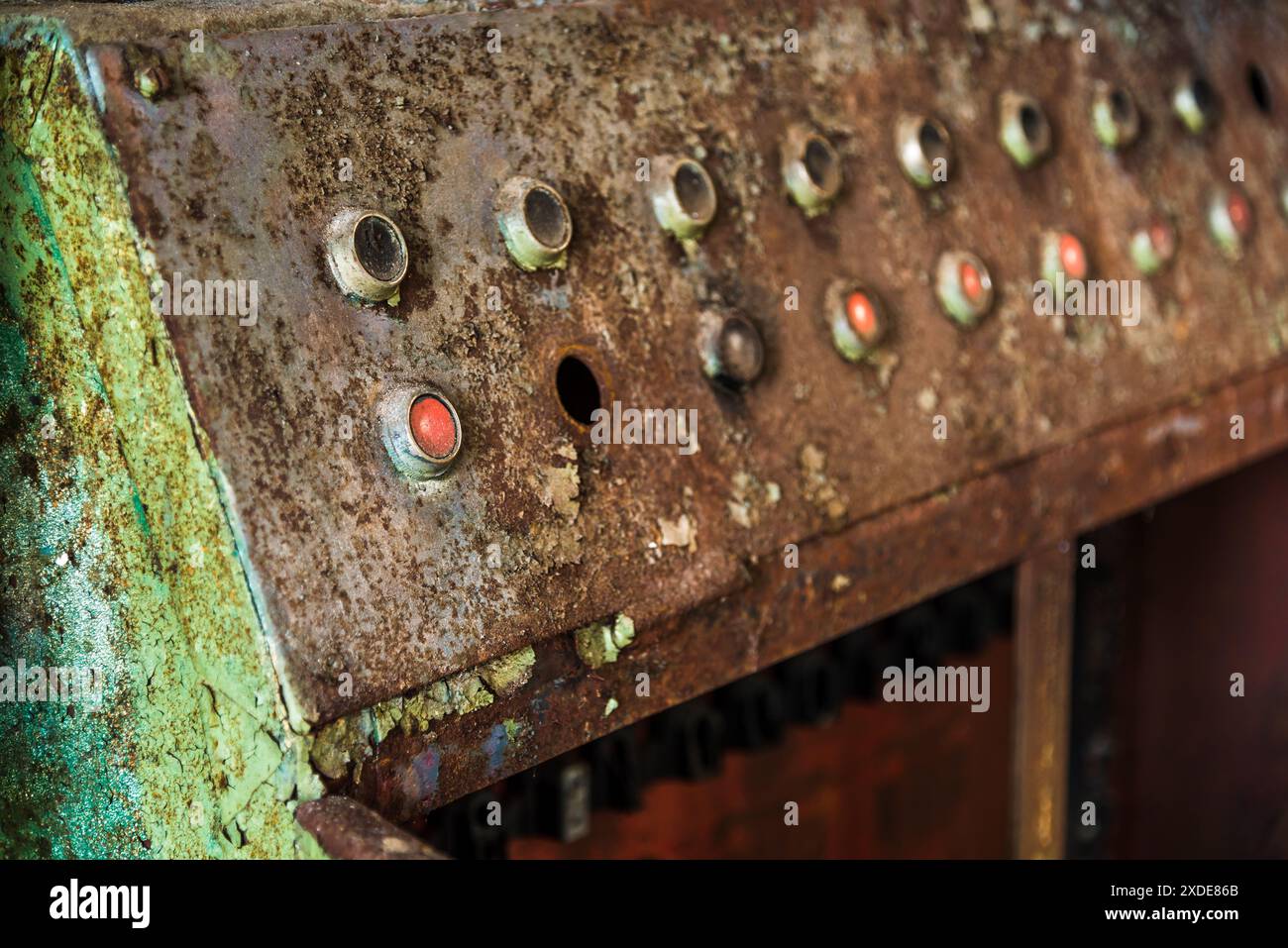 Old Abandoned Drill Plant Rusty Metal Gear Closeup With Broken Buttons ...