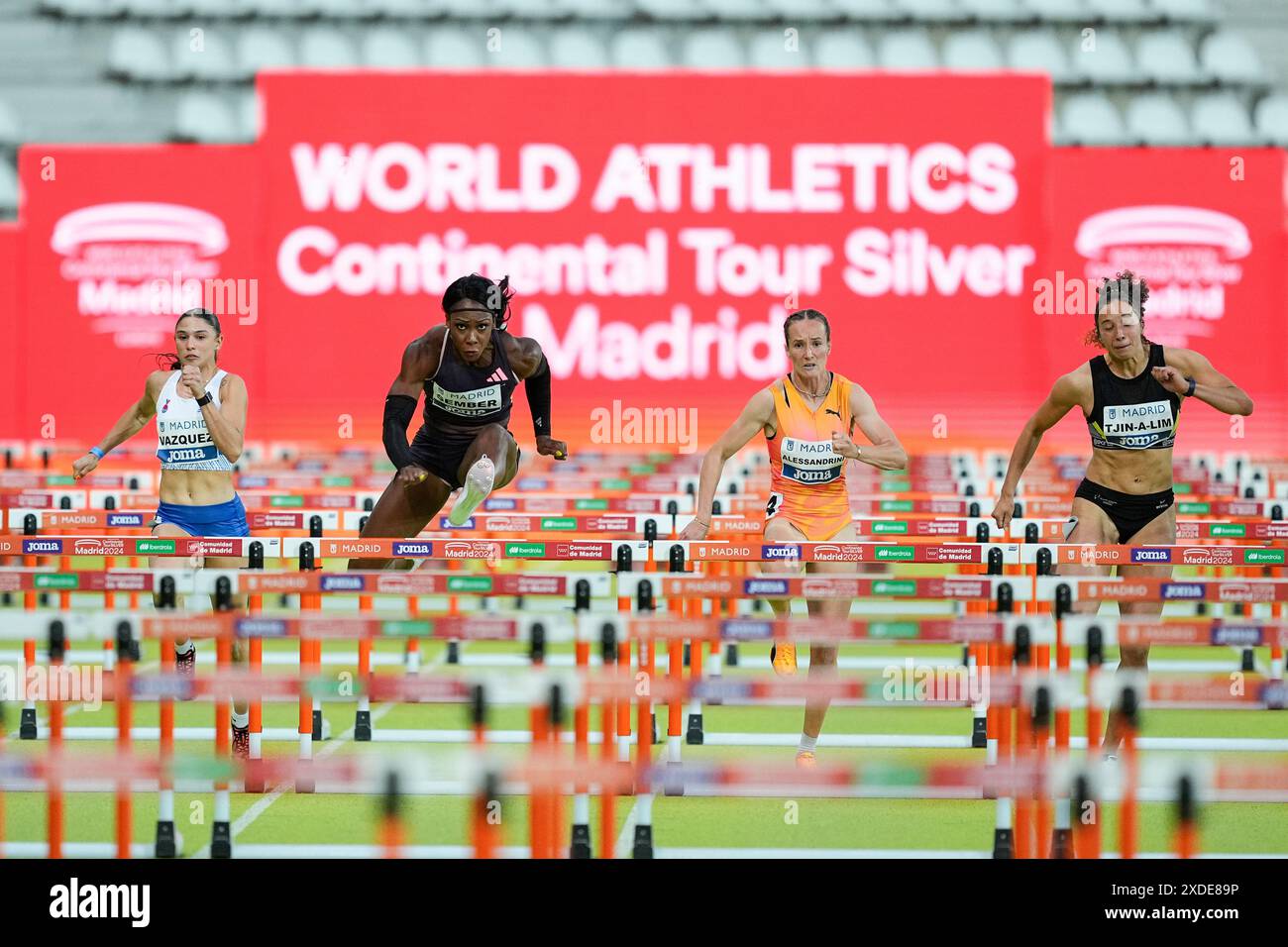 Cindy Sember of Great Britain competes in the 100m hurdles women during ...