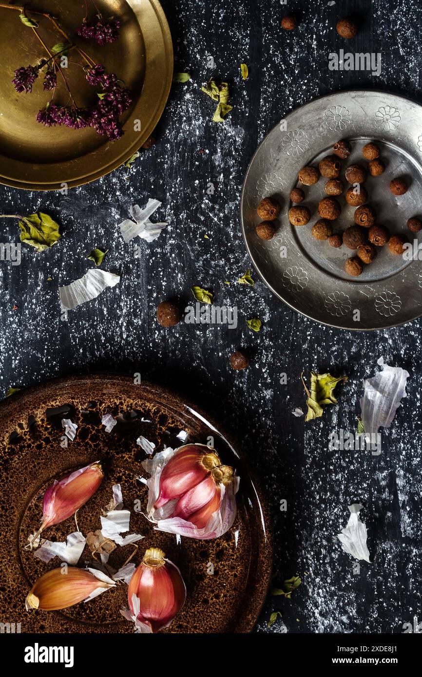 Small plates on blackboard texture. Food backdrop Stock Photo - Alamy