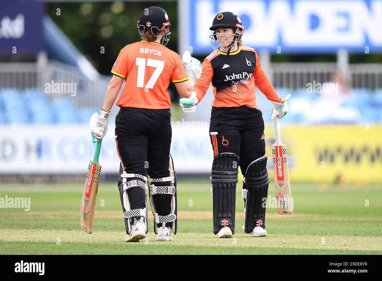 Derby, UK. 22 June 2024. Kathryn Bryce (left) and Tammy Beaumont of The ...