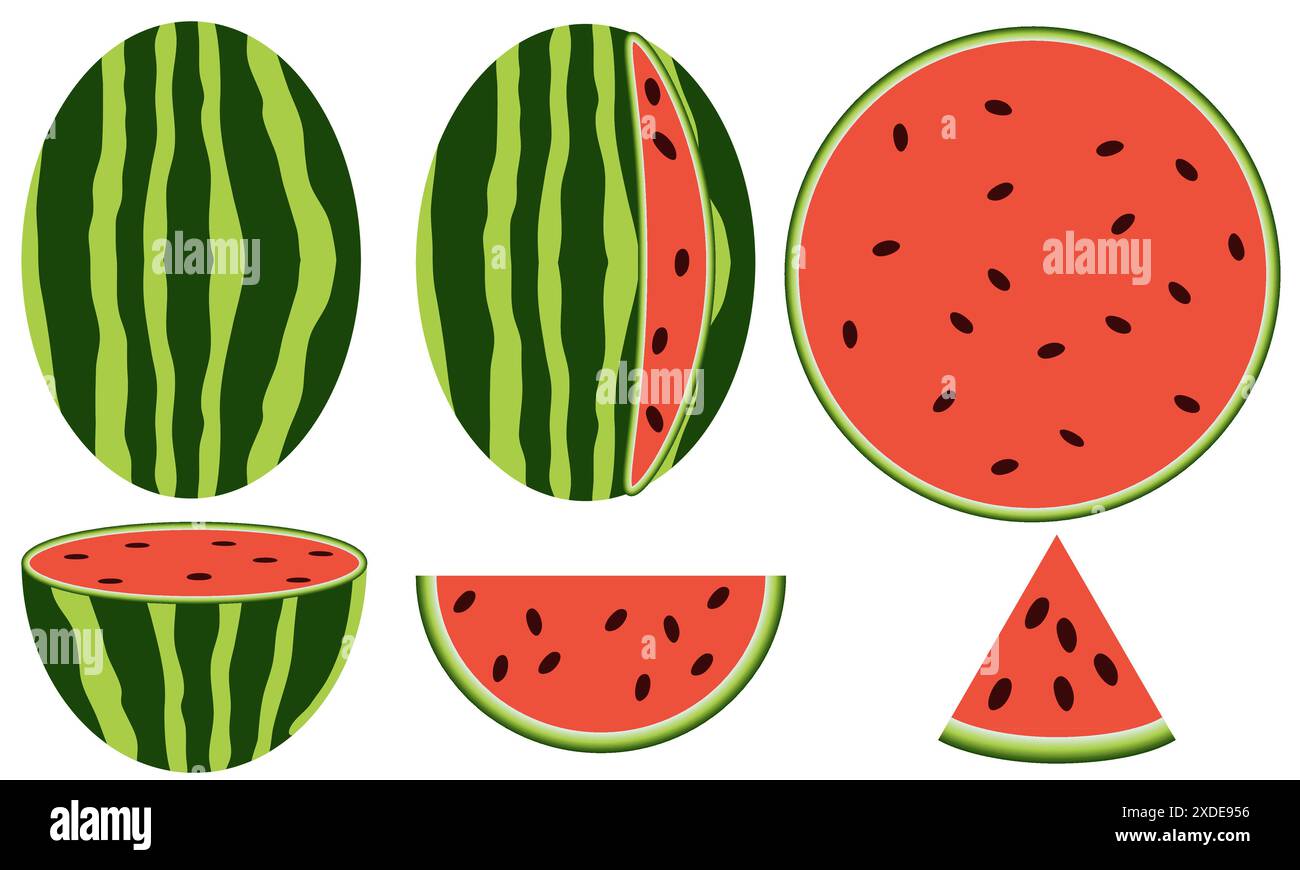 Healthy watermelon fresh fruit, whole, half, and quarter isolated on a ...