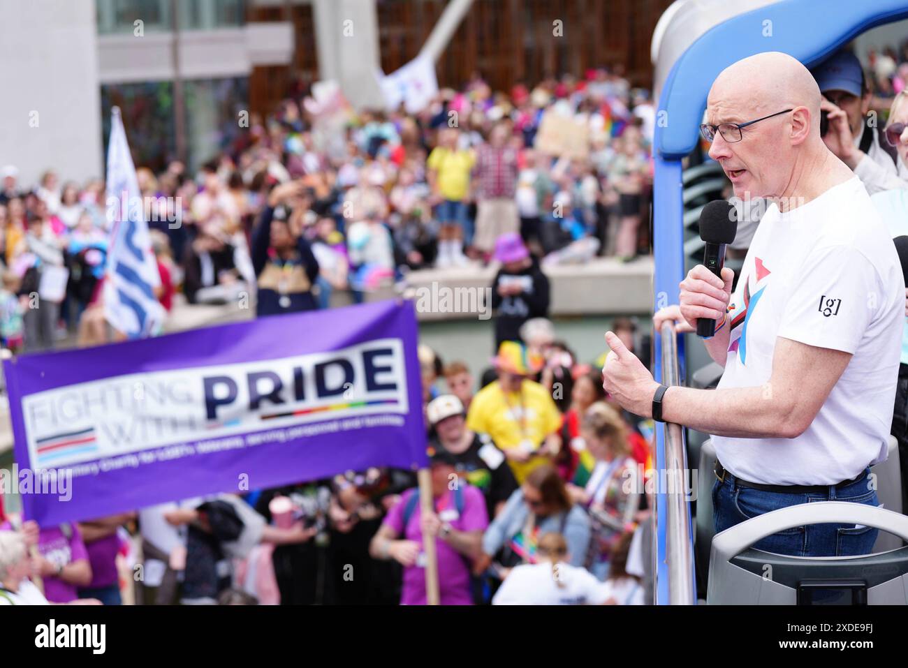 Scottish First Minister and SNP leader John Swinney speaking as he joins Out for Independence ...