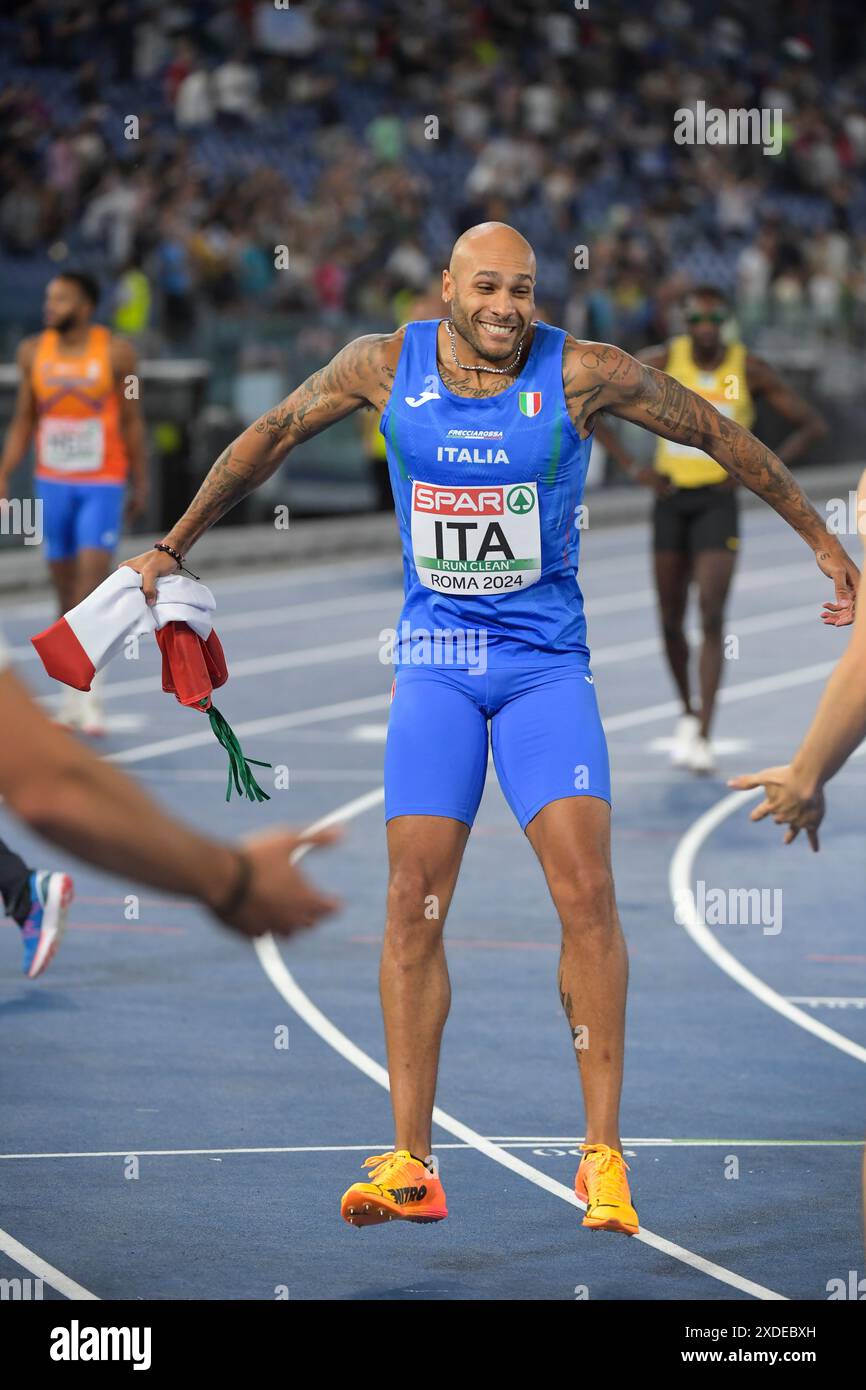 Lamont Marcell Jacobs of Italy celebrate there teams win in the men’s ...