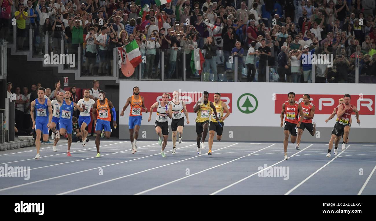 Men’s 4x100m relay final leg at the European Athletics Championships, Stadio Olimpico, Rome ...