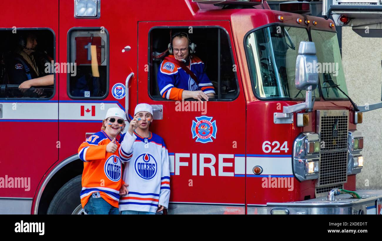 Edmonton Fire firefighters celebrate as Oilers fans take to the street ...