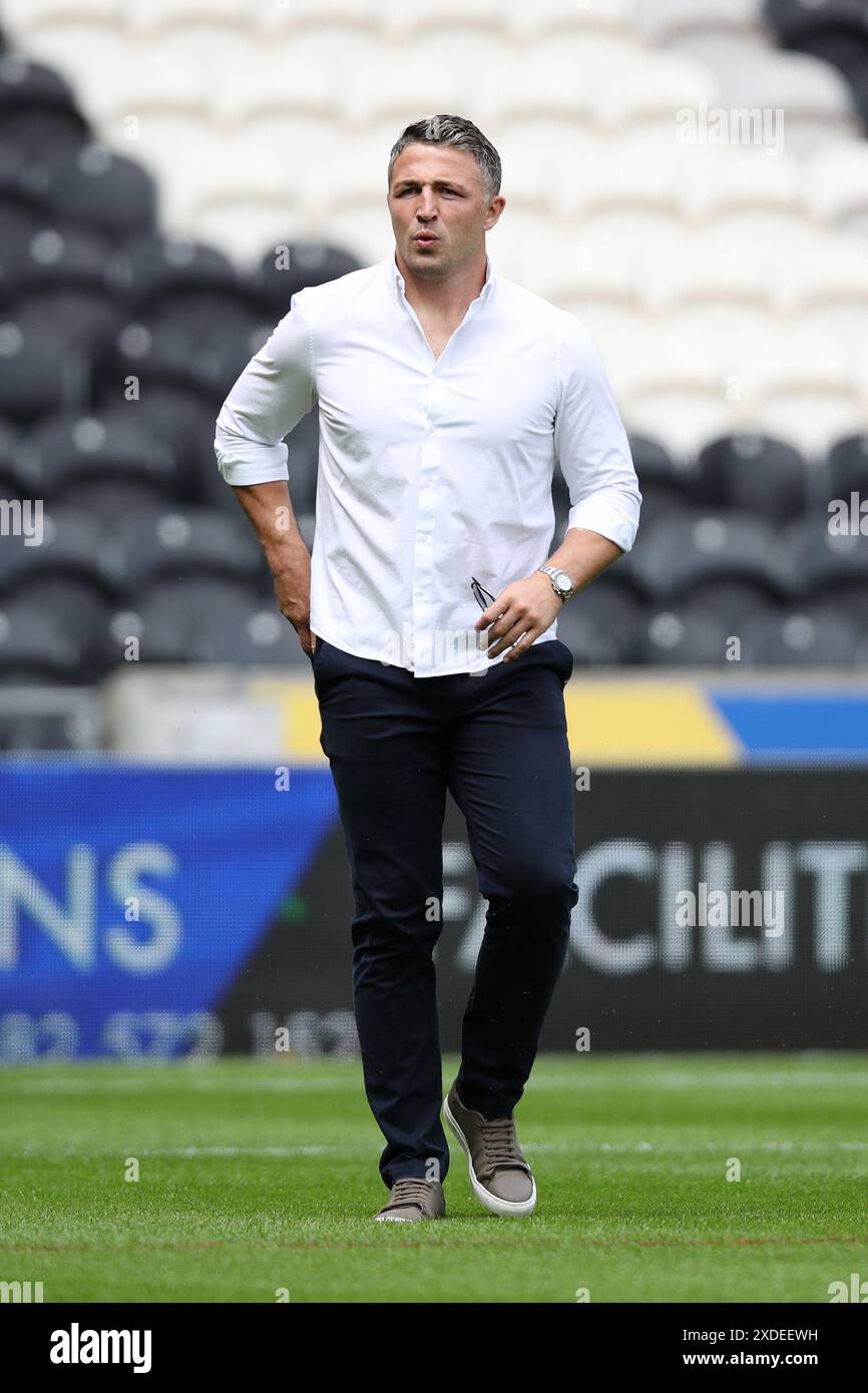 Warrington Wolves' Head Coach Sam Burgess inspects the pitch prior to the Betfred Super League ...