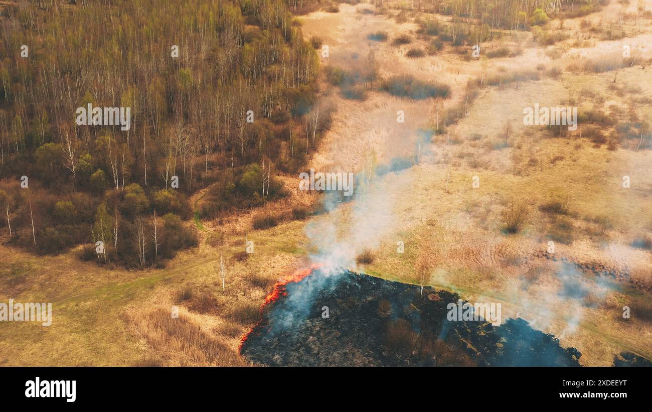 Aerial View Spring Dry Grass Burns During Drought Hot Weather Stock ...