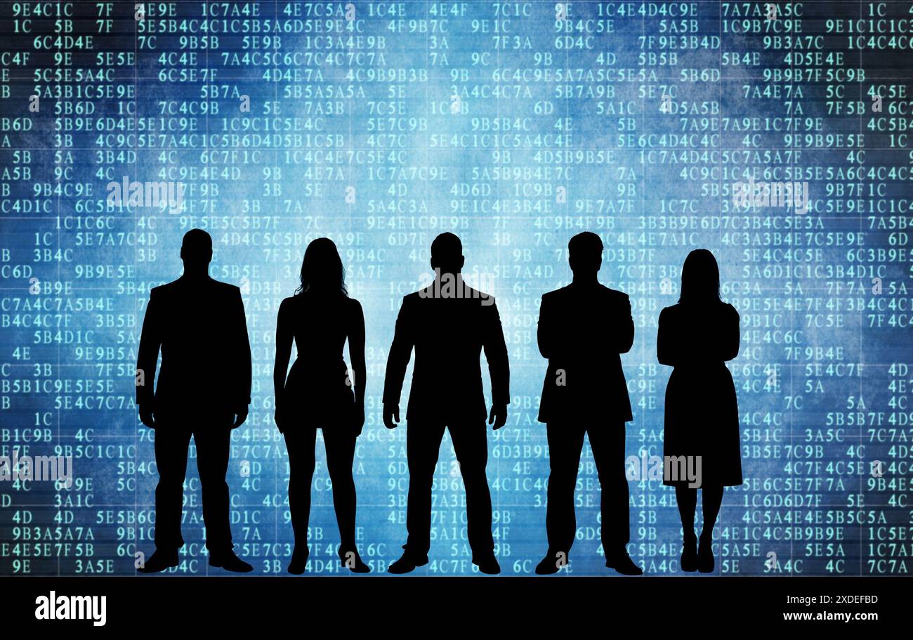 People silhouette in front of a computer code Stock Photo - Alamy