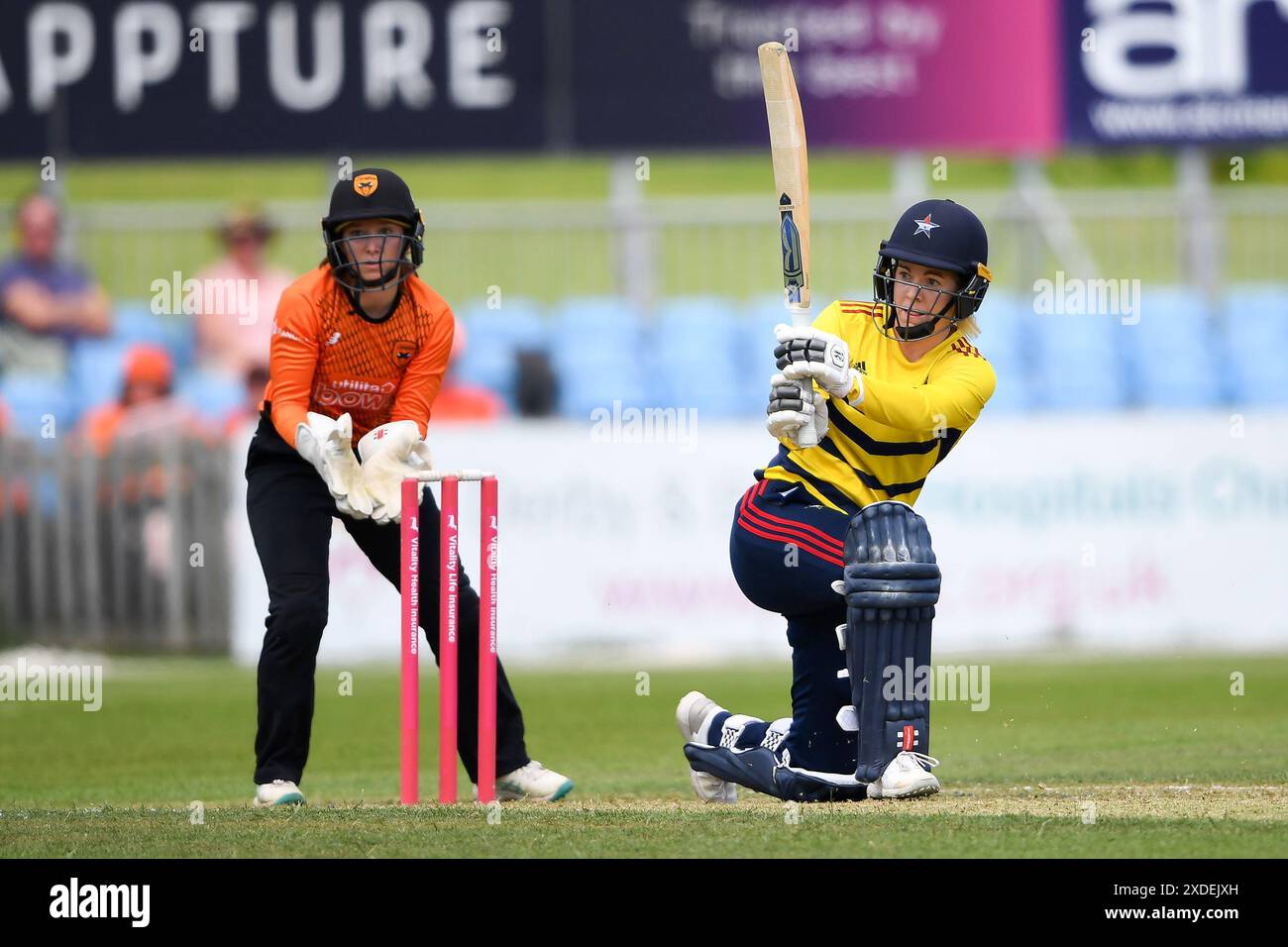 Derby, UK. 22 June 2024. Georgia Redmayne of South East Stars batting ...