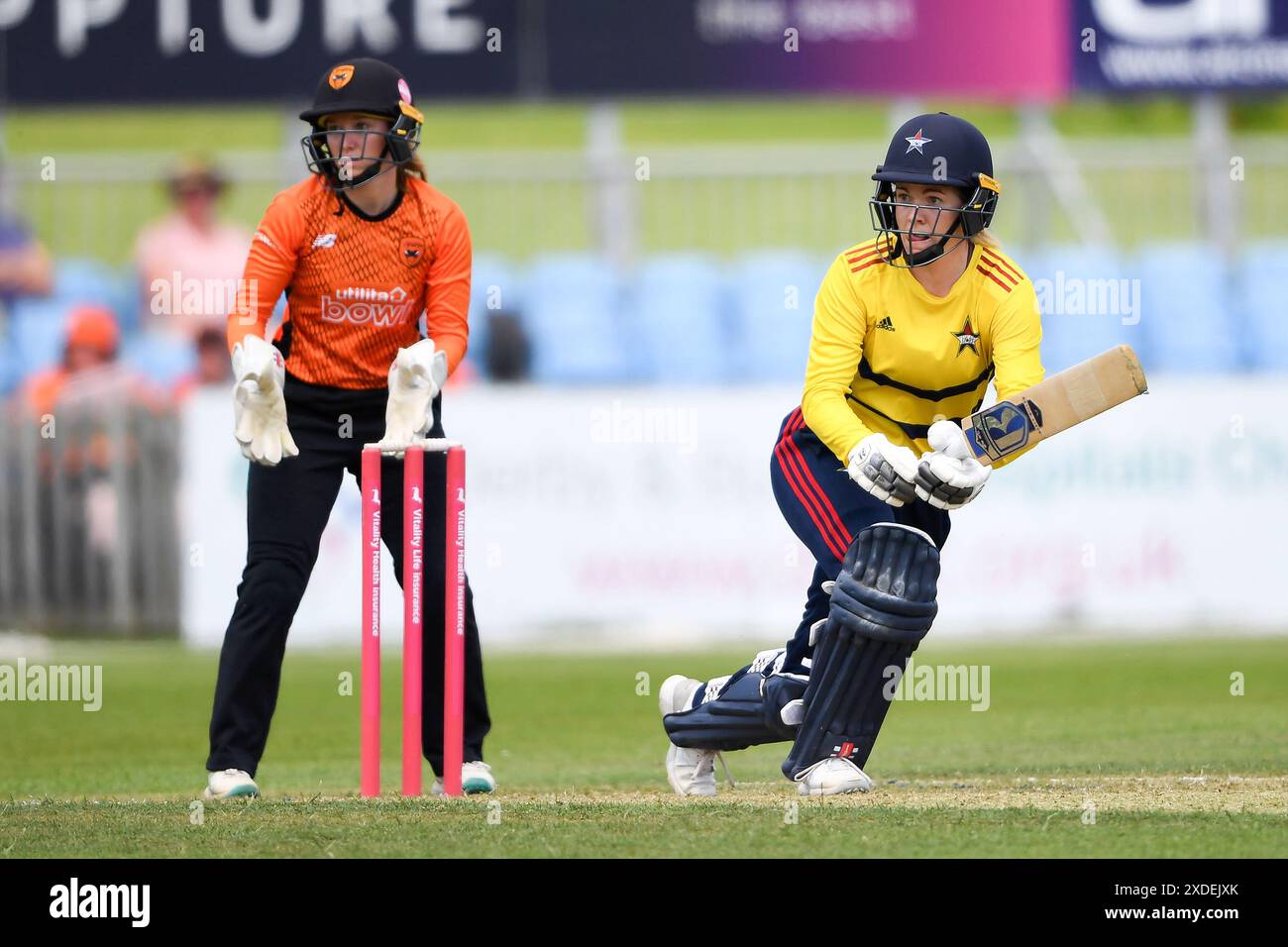 Derby, UK. 22 June 2024. Georgia Redmayne of South East Stars batting ...
