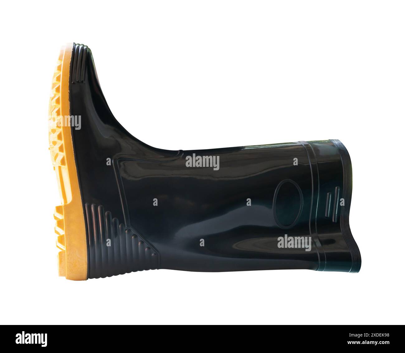 Side view of gumboots or black rubber boots for working in garden is ...