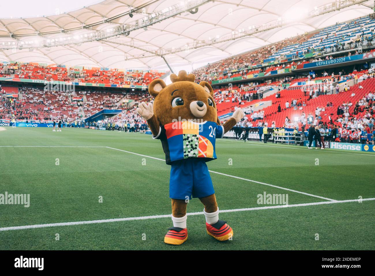 Stuttgart, MHP Arena, 19.06.2024: The EM mascot Albaert makes some fun ...