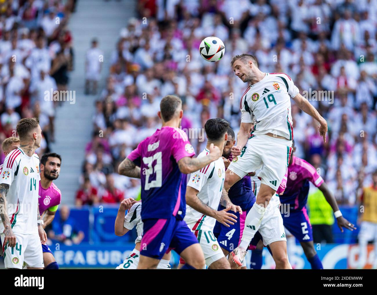 Stuttgart, MHP Arena, 19.06.2024: Barnabas Varga of Hungary jumps for a ...